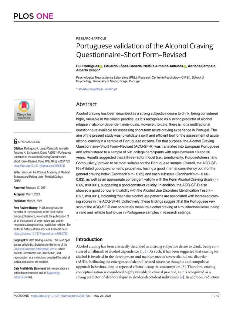 Portuguese Validation of The Alcohol Craving Quest | PDF | Psychology ...