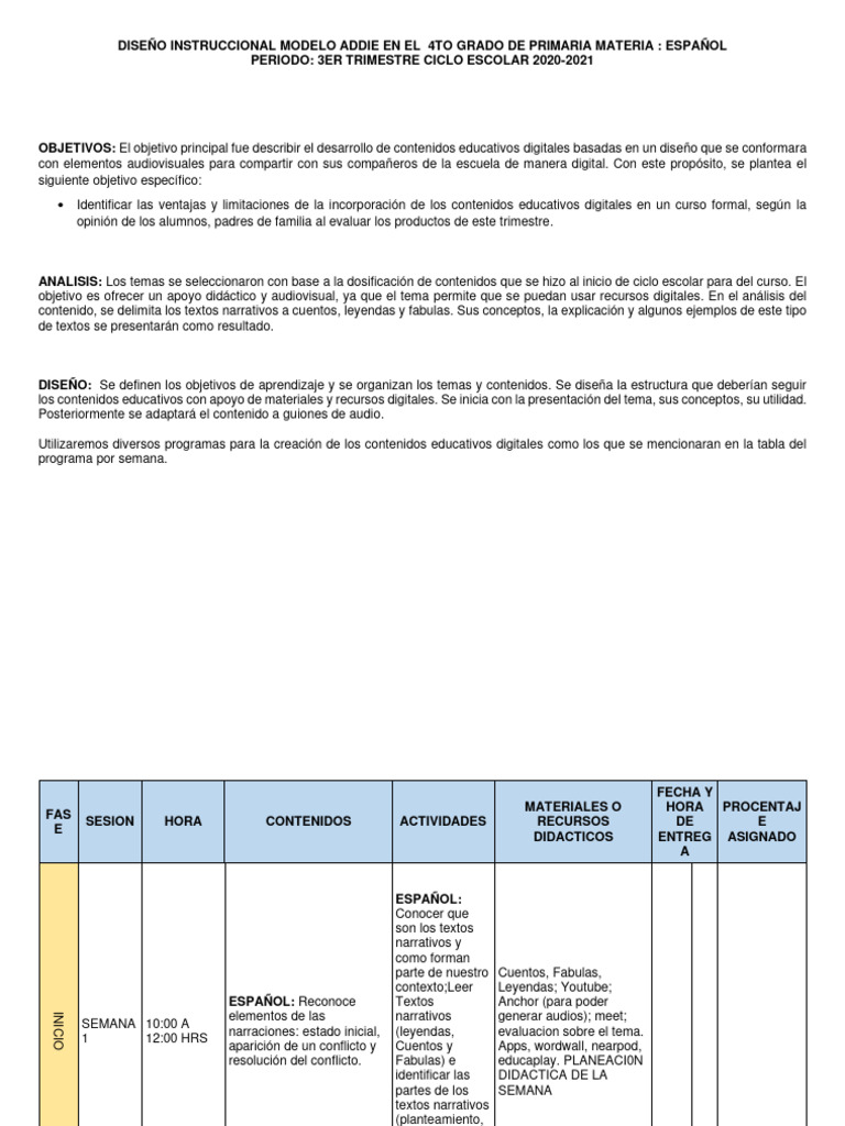 Diseño Instruccional Modelo Addie en El 4to Grado de Primaria Materia | PDF
