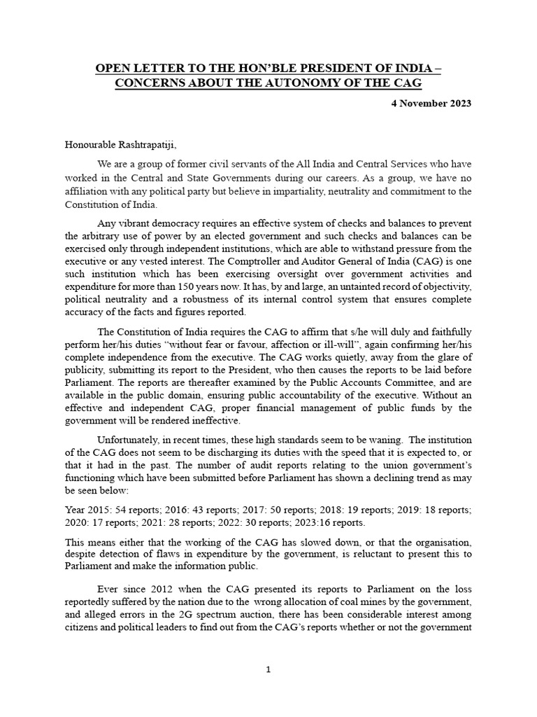 CCG Open Letter To President of India - Functioning of CAG | PDF ...