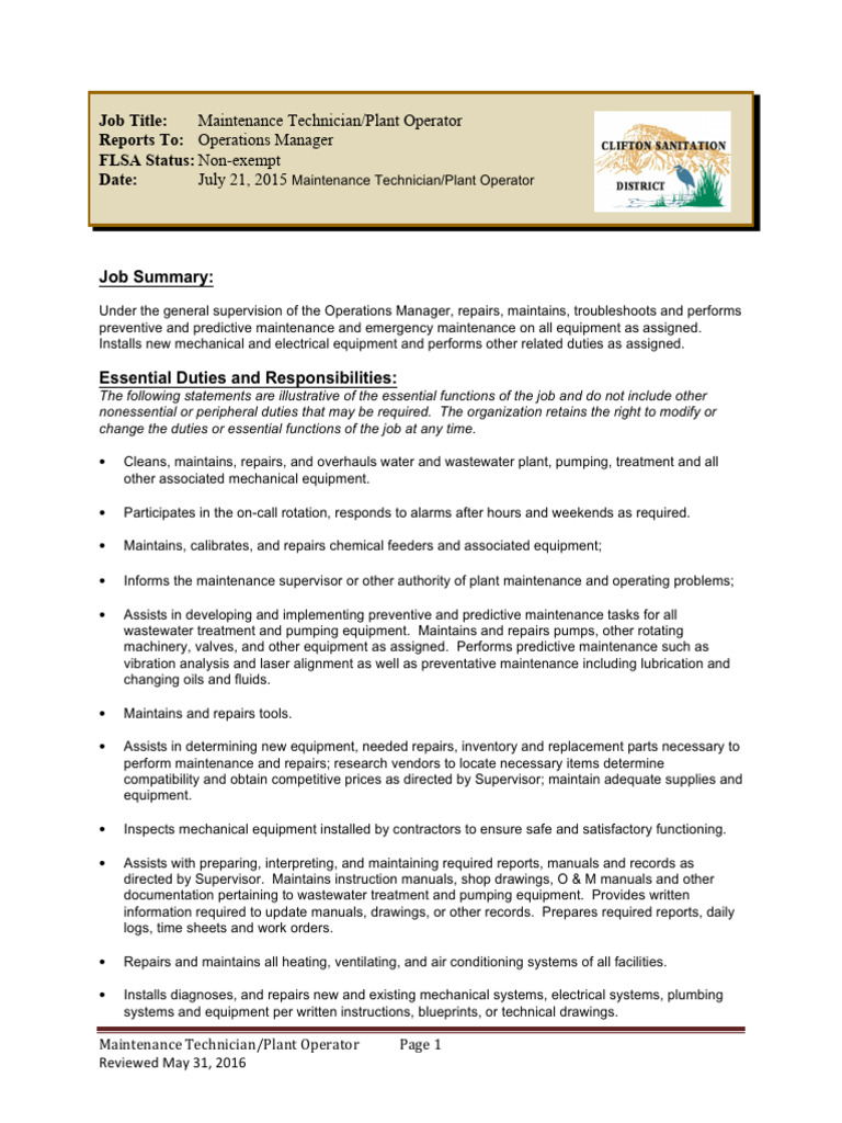 Job Description Maintenance Technician Operator | PDF