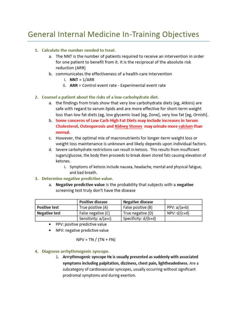 General Internal Medicine In-Training Objectives | PDF
