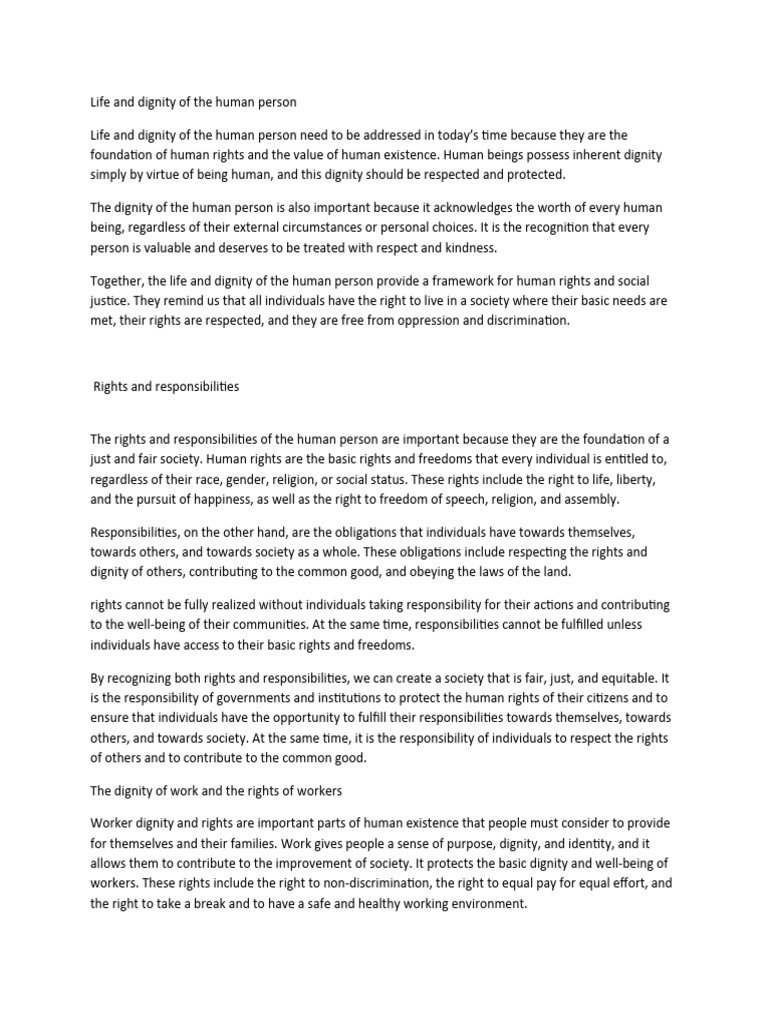 Life and Dignity of The Human Person | PDF | Dignity | Labor Rights