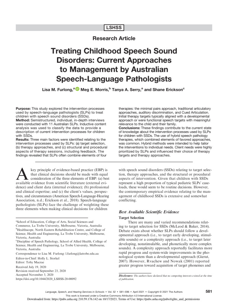 Furlong Et Al 2021 Treating Childhood Speech Sound Disorders Current ...