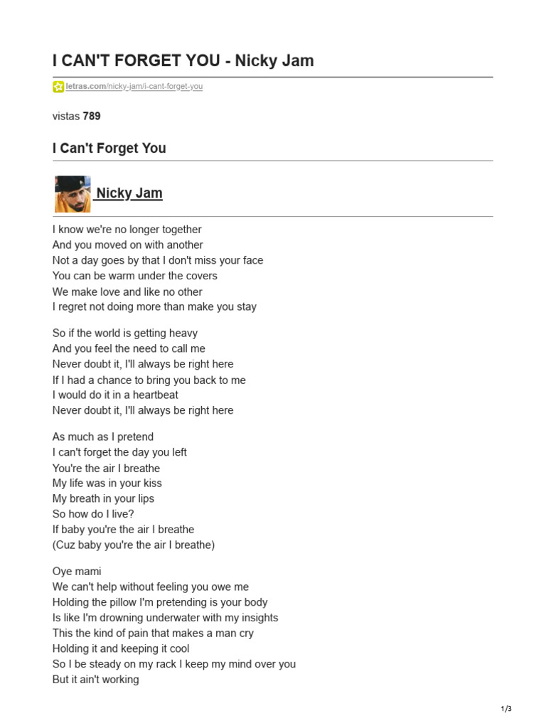I CANT FORGET YOU - Nicky Jam | PDF
