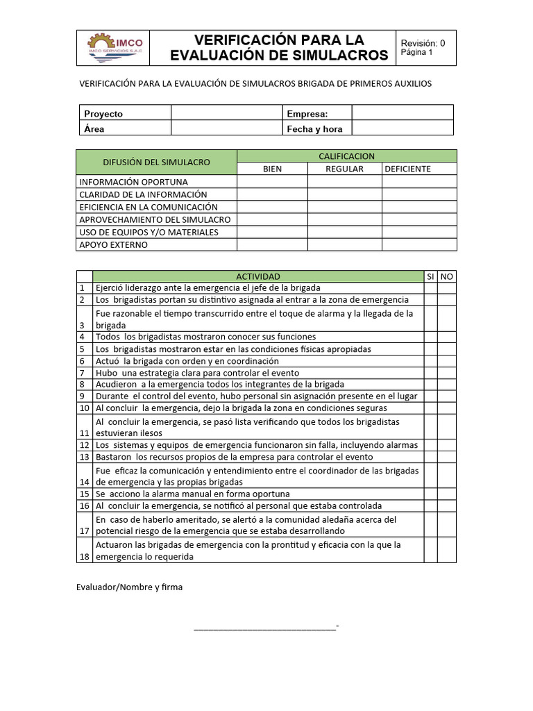 Formato de Evaluación de Simulacros Brigada de Primeros Auxilios | PDF
