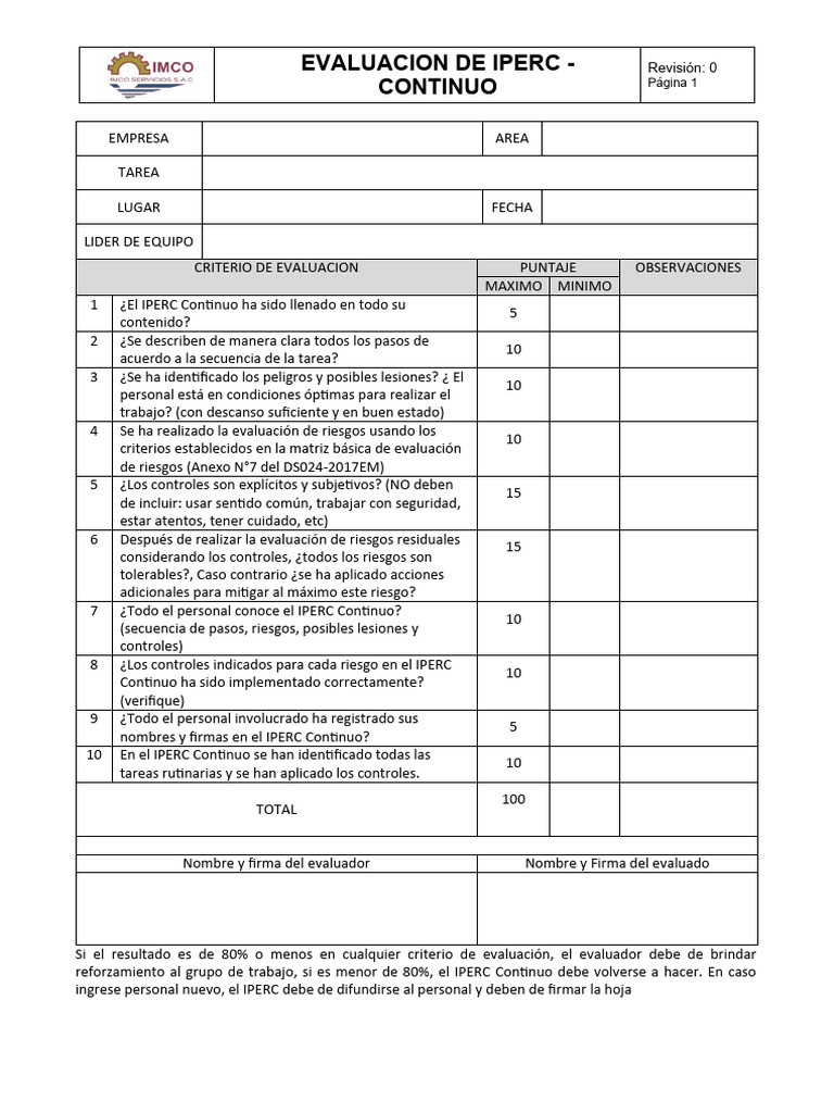 Formato de EVALUACIÓN DE IPERC | PDF