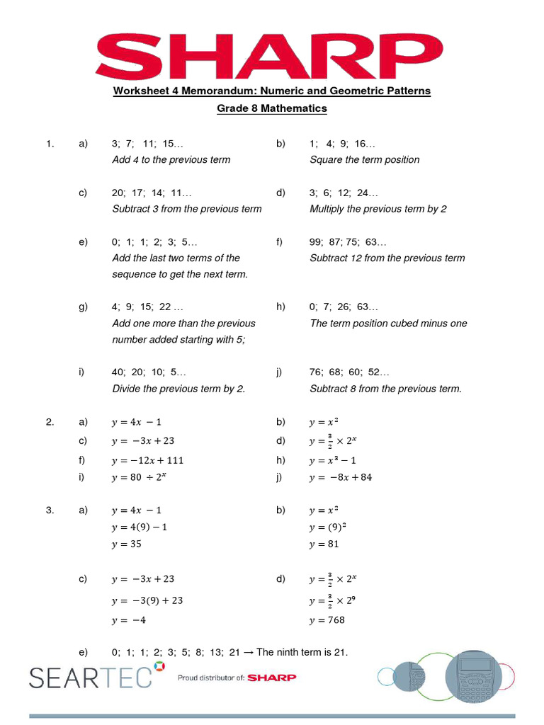Worksheet 4 Memorandum Numeric and Geometric Patterns Grade 8 Maths ...
