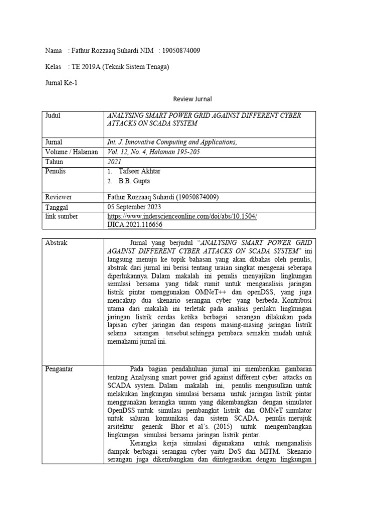 Review Jurnal 1 ANALYSING SMART POWER GRID AGAINST DIFFERENT CYBER ... Review Jurnal 1 ANALYSING SMART POWER GRID AGAINST DIFFERENT CYBER ...