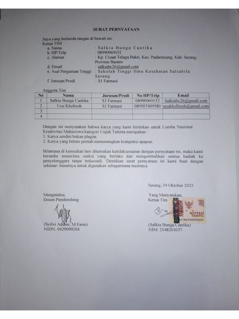 Surat Pernyataan - Unjuk Talenta | PDF