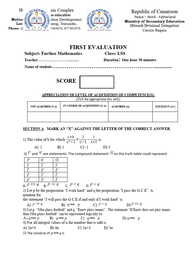 Further Mathematics Evaluation Test | PDF | Mathematics | Logic