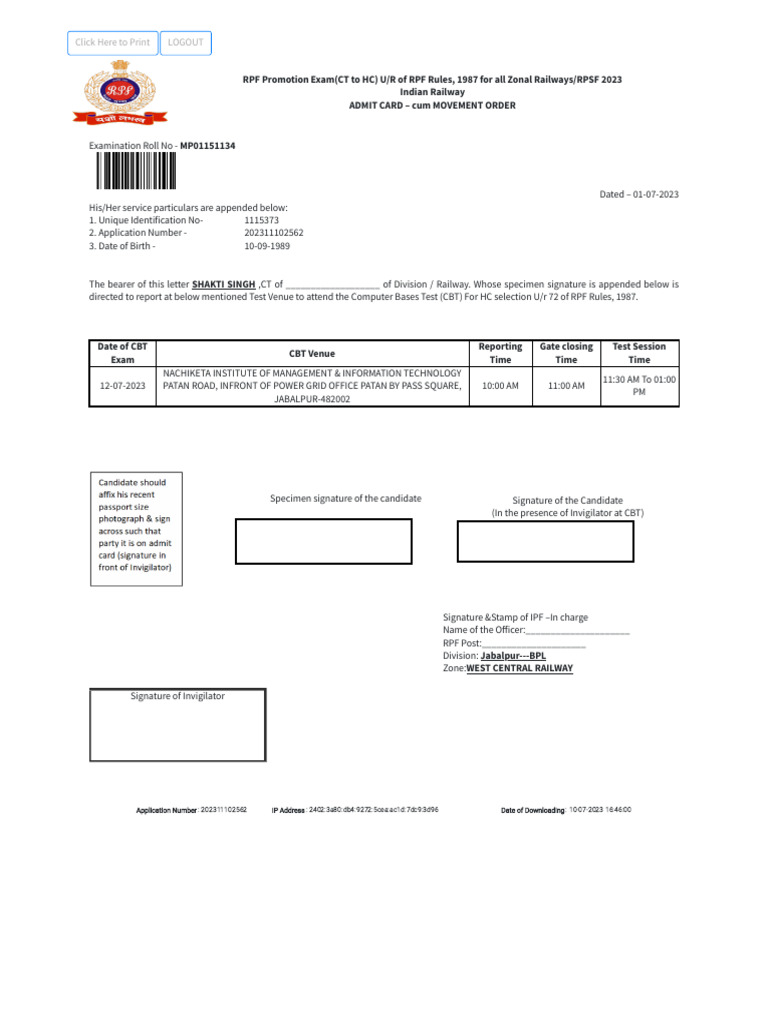 ECR Admit Card 2023 | PDF