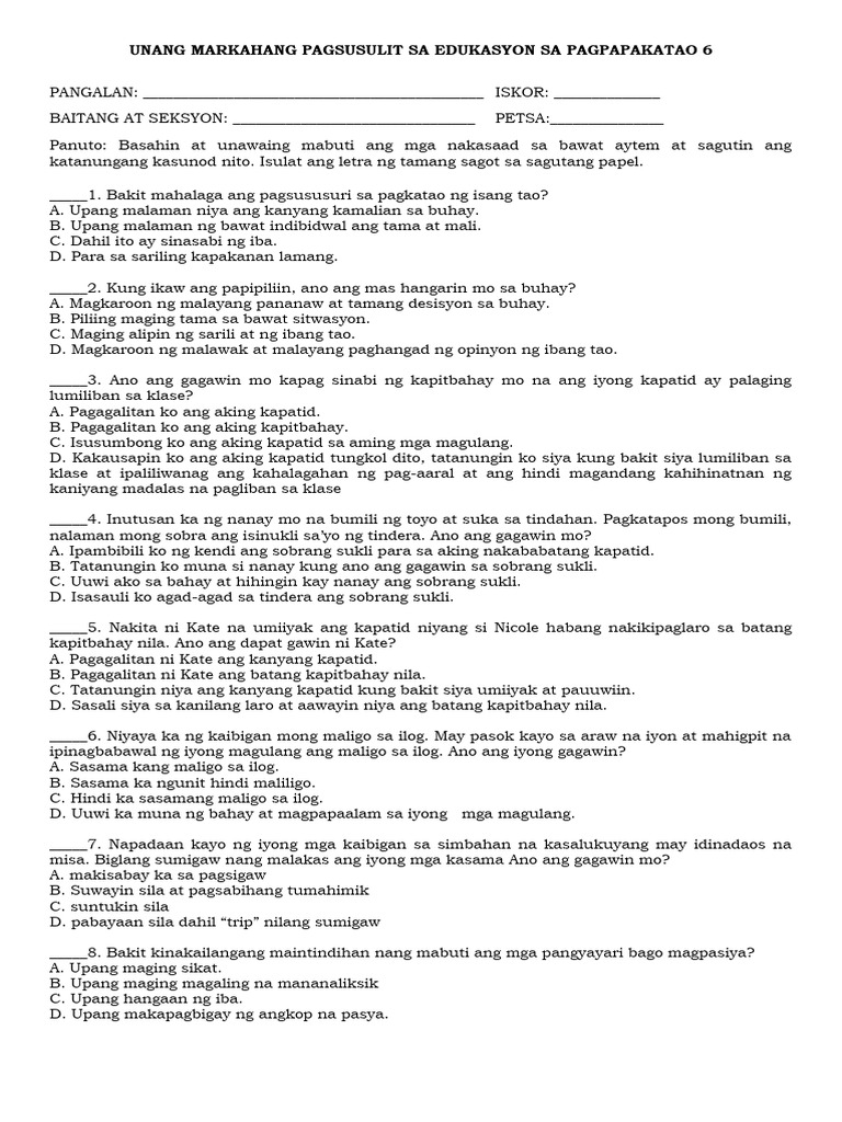 Unang Markahang Pagsusulit Sa Edukasyon Sa Pagpapakatao 6 | PDF Unang Markahang Pagsusulit Sa Edukasyon Sa Pagpapakatao 6 | PDF