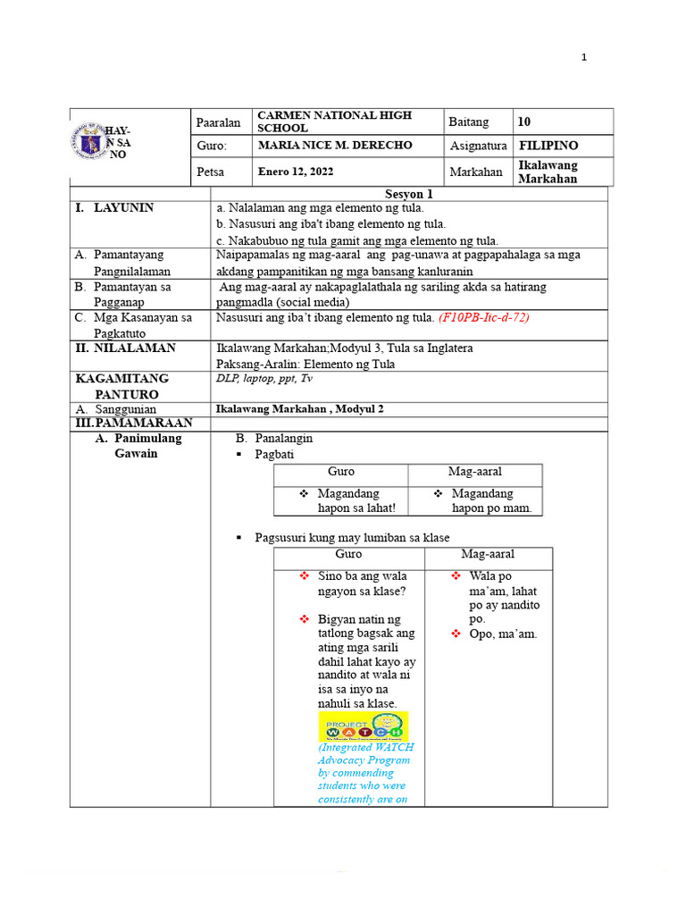 Banghay Aralin Sa Filipino Elemento NG Tula - Compress | PDF