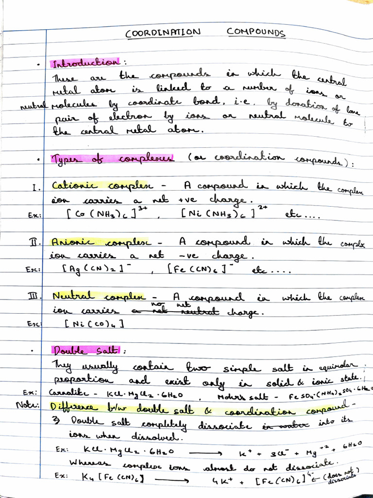 Coordination Compounds Notes | PDF | Chemistry | Materials