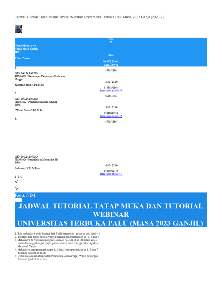 Jadwal Tutorial Tatap Muka | PDF