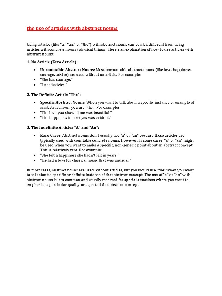 the use of articles with abstract nouns y9 | PDF