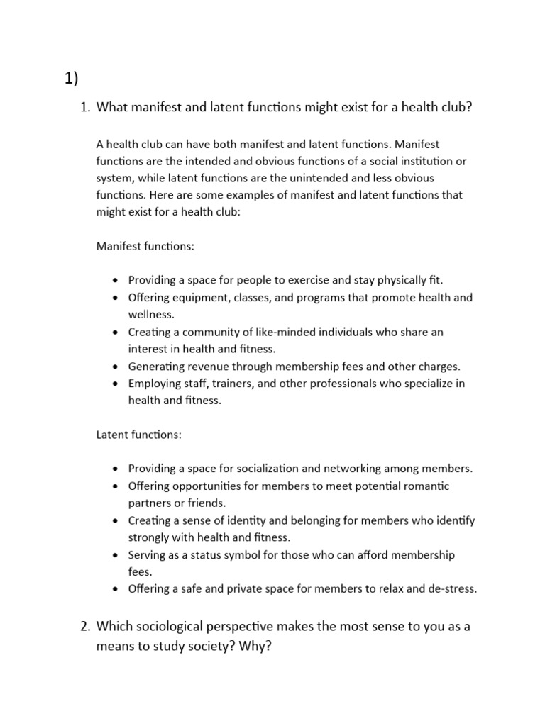 What Manifest and Latent Functions Might Exist For A Health Club? | PDF ...