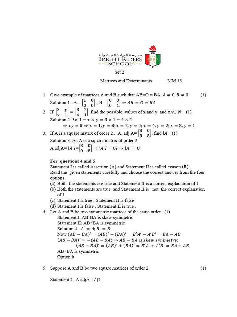 Matrices and Determinant Set 2 | PDF | Matrix (Mathematics) | Determinant