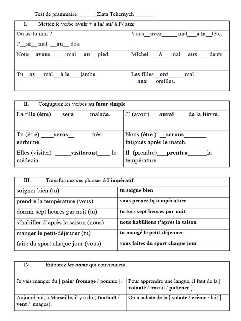 Test de Grammaire | PDF | Cuisine | Nourritures