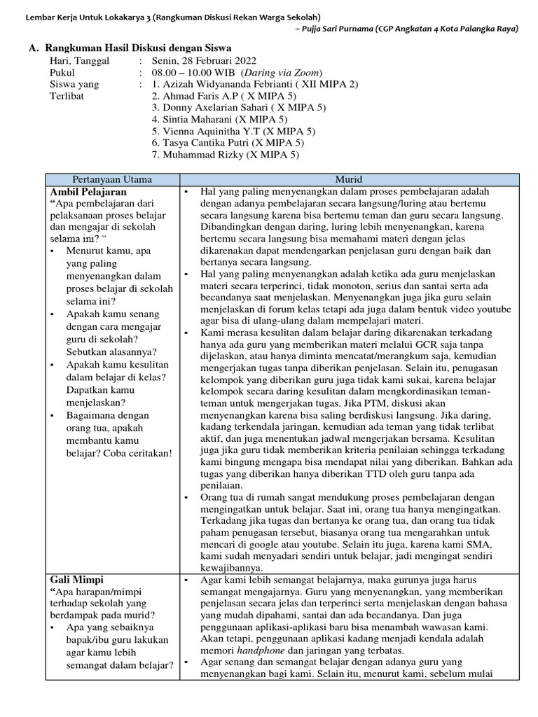 LK. Loka 3 - Rangkuman Diskusi Dengan Siswa | PDF