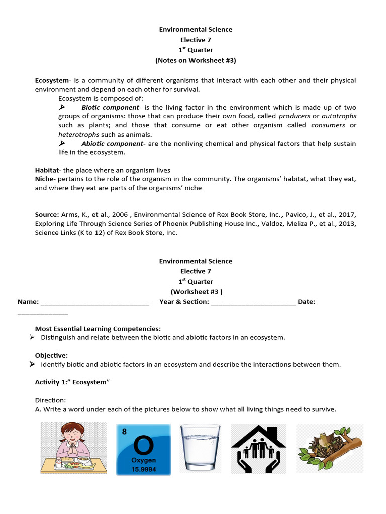 Biotic And Abiotic Worksheets Intro To Ecosystem Worksheet (Abiotic