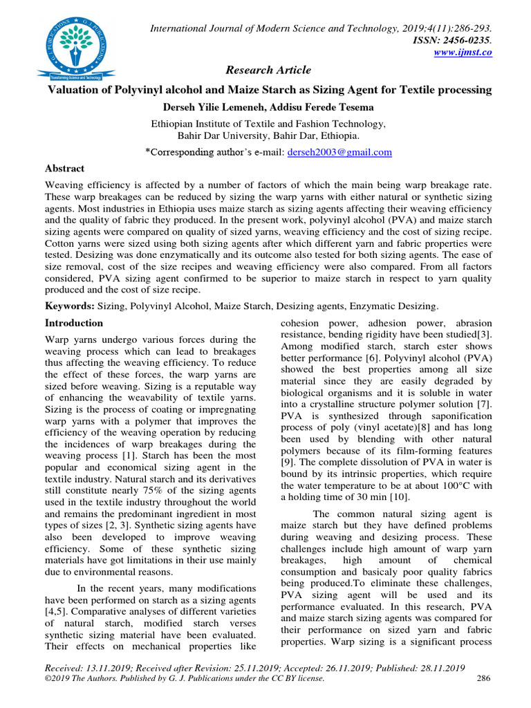 Valuation of Polyvinyl Alcohol and Maize Starch As Sizing Agent For ...