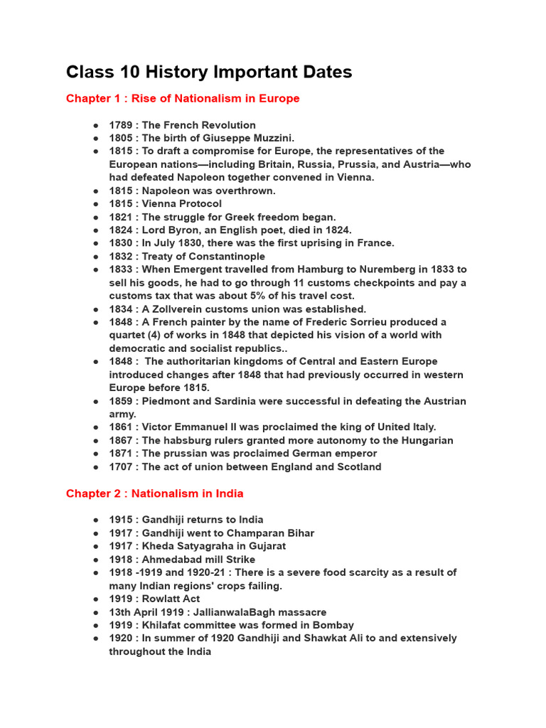 Class 10 History Important Dates | PDF | Mahatma Gandhi