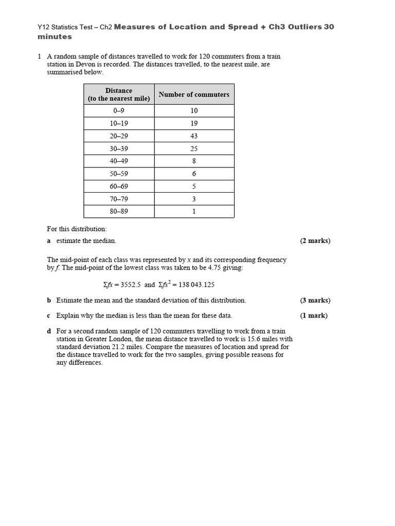 Y12 Statistics: Measures & Outliers Analysis | PDF | Quartile | Outlier