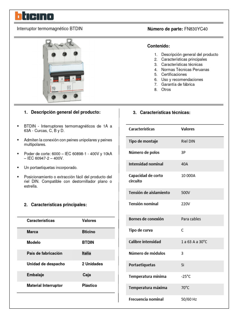 Ficha Técnica Interruptor Termomagnético BTDIN | PDF | Uso eficiente de energía | Ingenieria ...