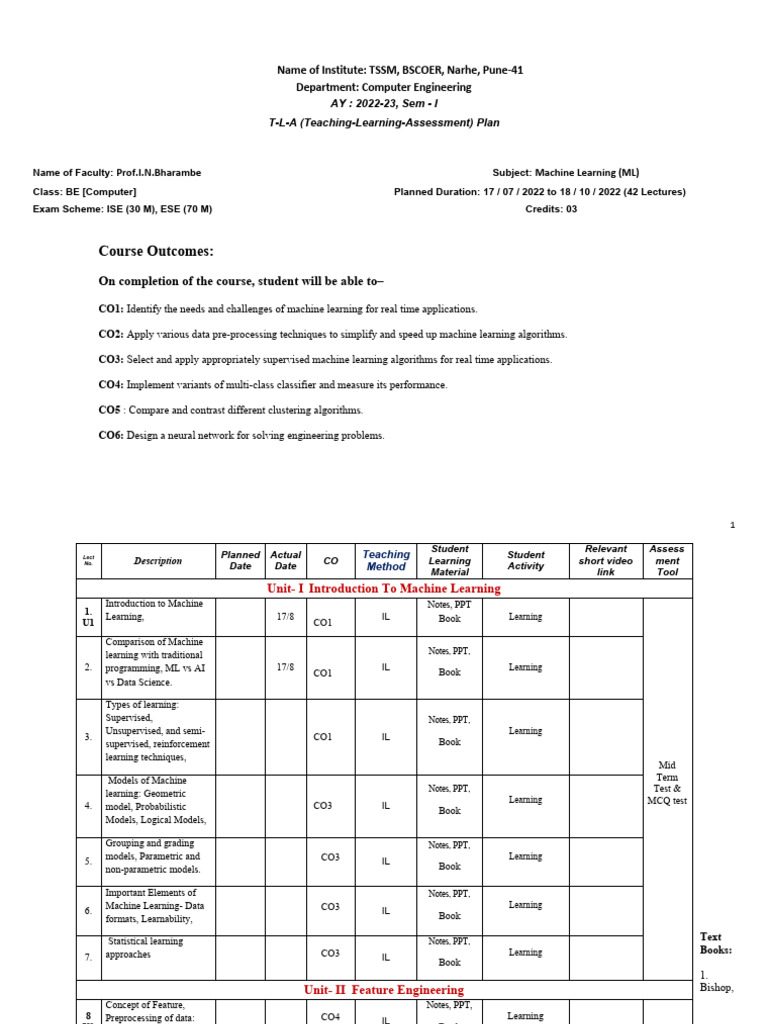 T-L-A Plan of ML INB | PDF | Machine Learning | Systems Theory