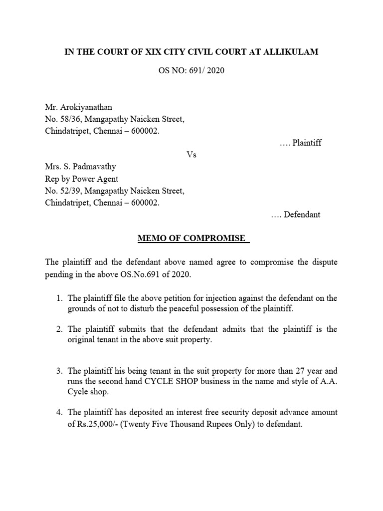 Compromise Memo in Civil Case OS 691/2020 | PDF