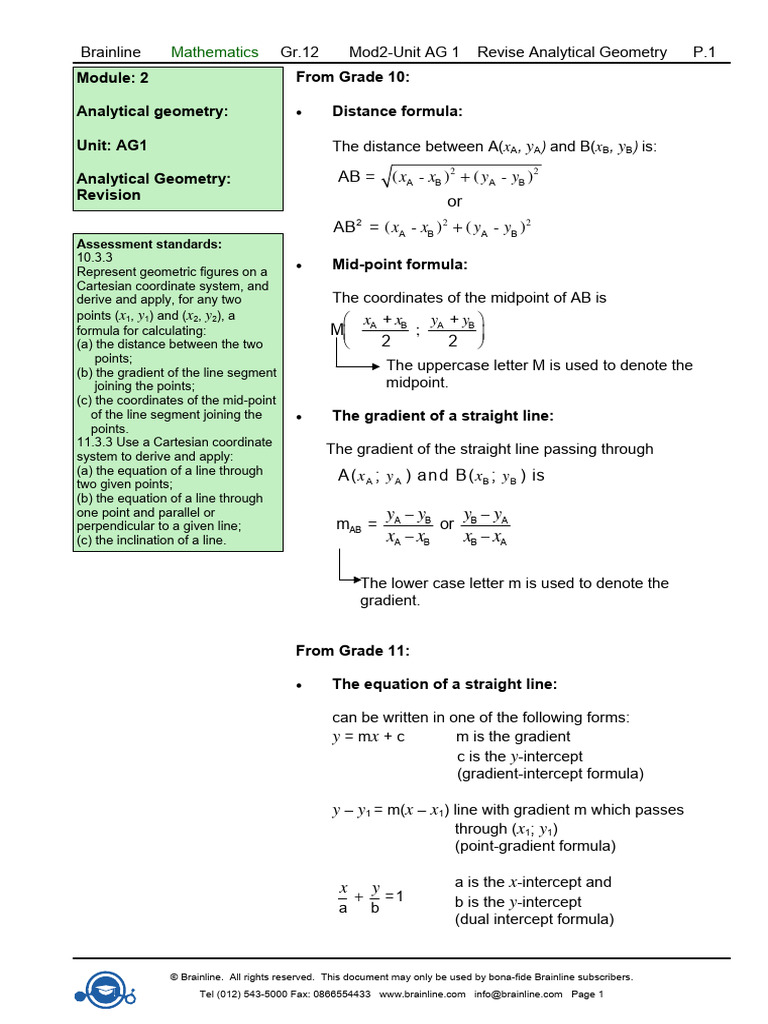 Grade 12 Mathermatics Revision Analytical Geometry Module 2 Unit Ag1 ...