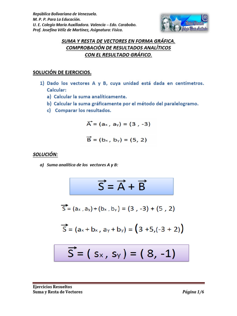 Suma Y Resta de Vectores en Forma Gráfica. Comprobación de Resultados Analíticos Con El ...