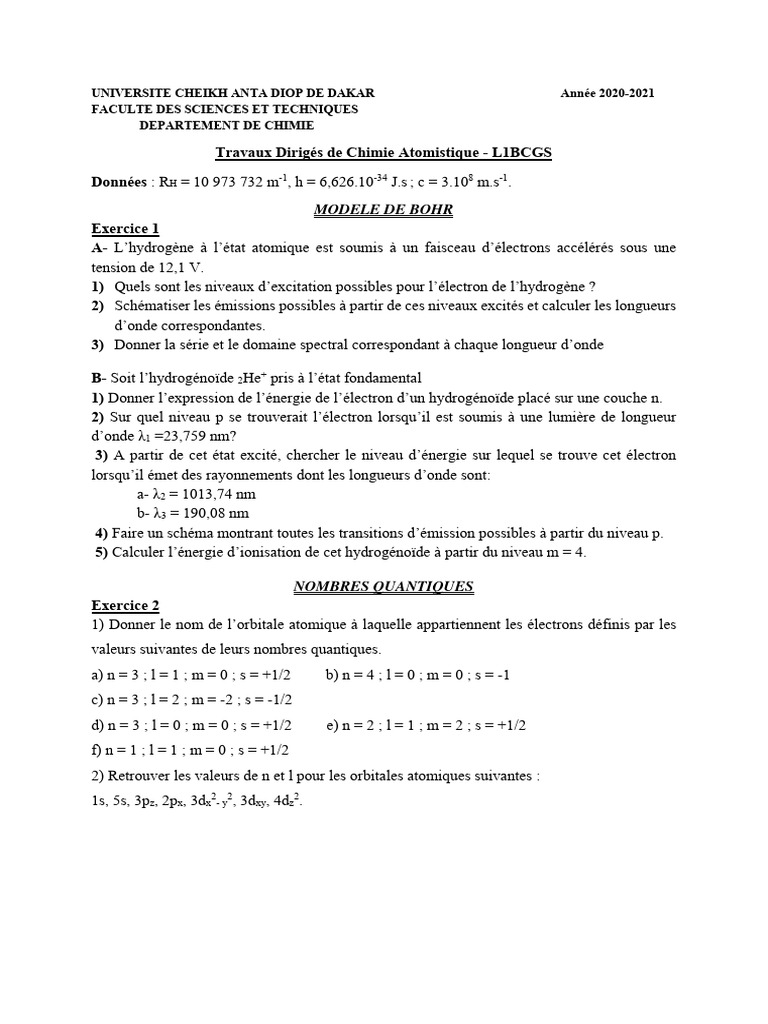 TD-Atomistique - Série 2 - L1BCGS-2020-2021 | PDF