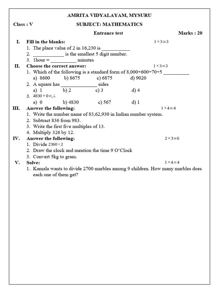 Class V Mathematics Entrance Test | PDF