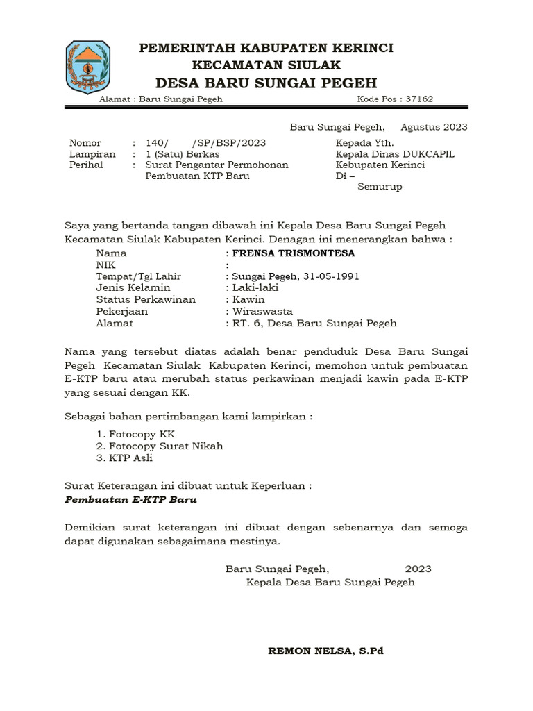 Surat Surat Pengantar Permohonan Pembuatan KTP Baru | PDF