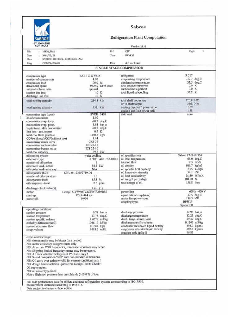 Sabroe NS-PAC-T193SR Specifications | PDF