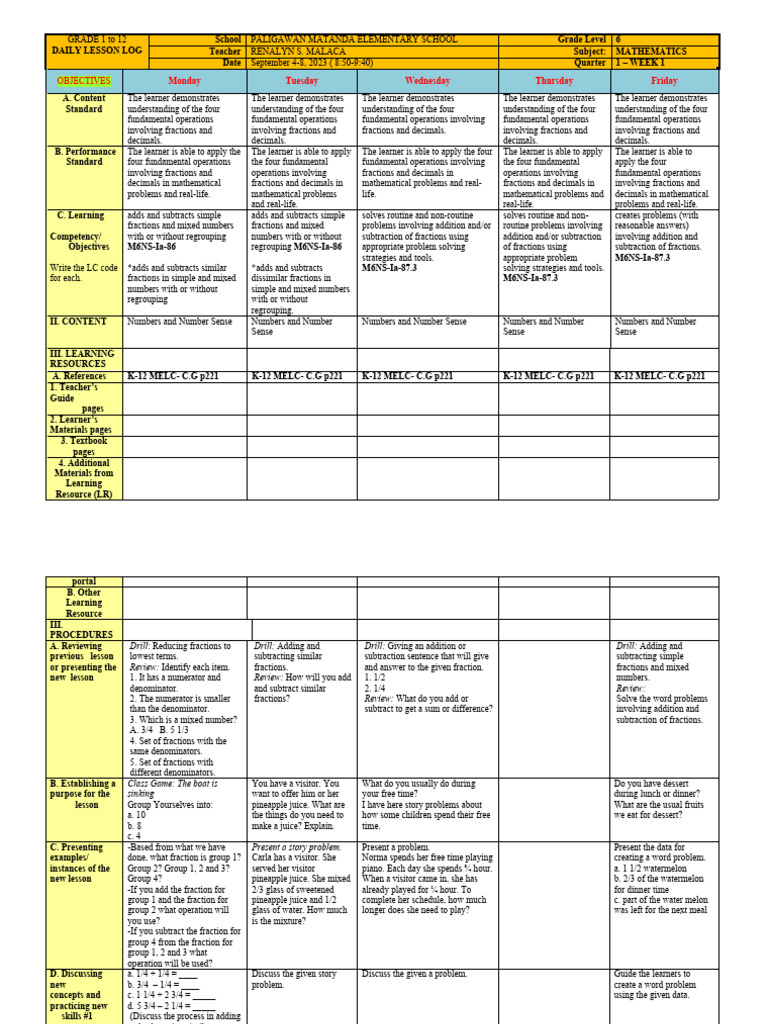 DLL Math 6 Q1 Week 1 | PDF | Learning