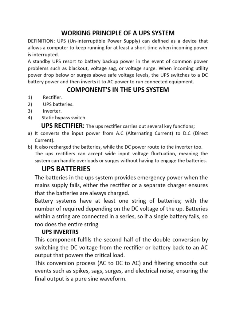 Working Principle of A Ups System | PDF | Rectifier | Power Inverter