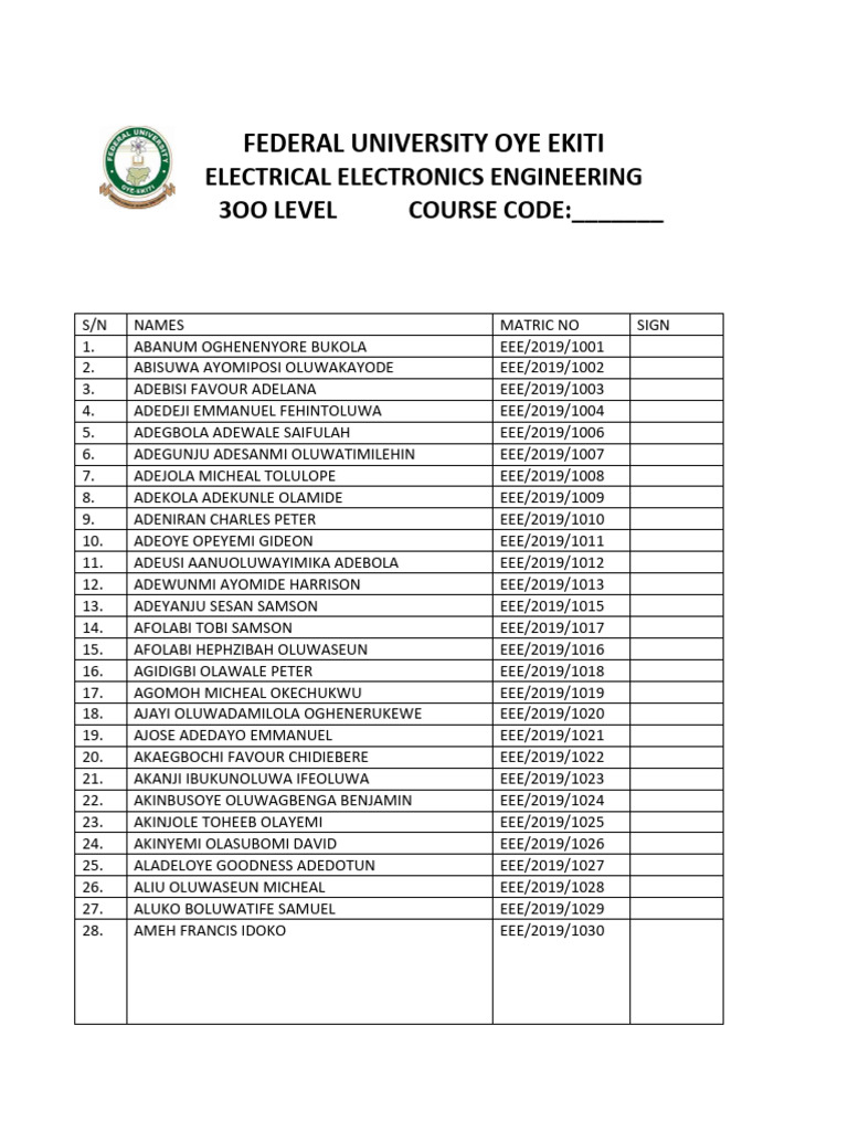 Electrcal 300l Attendance | PDF | Electrical Engineering | Physical Sciences