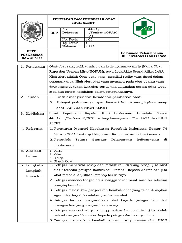 Sop Obat Penyiapan Dan Pemberian Obat High Alert | PDF