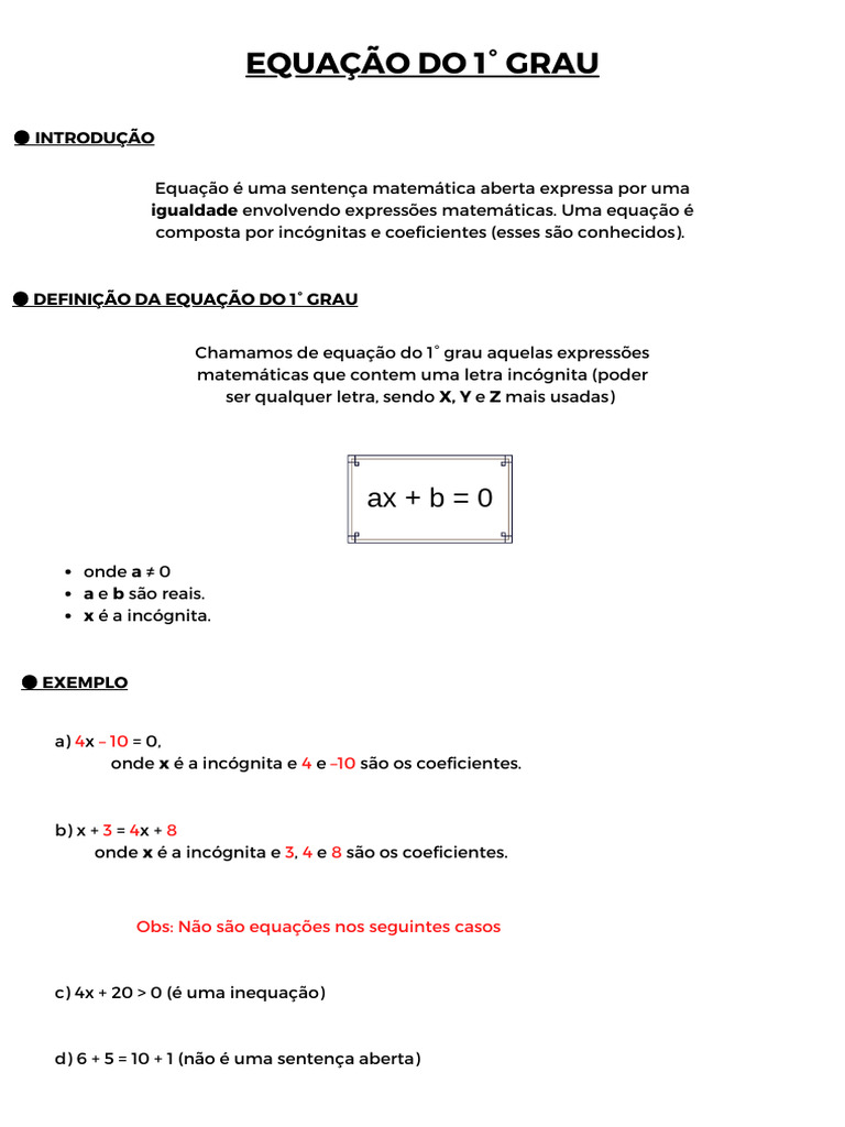Equação Do 1º Grau - Apostila | Download grátis PDF | Equações | Matemática