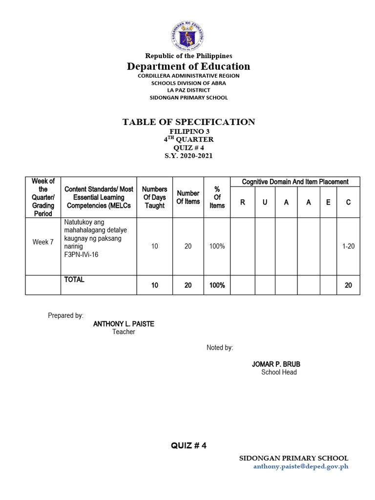 Filipino 3 - Q4 - Quiz #4 | PDF