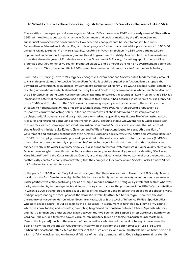The Actual - To What Extent Was There A Crisis in English Government & Society in The Years 1547 ...