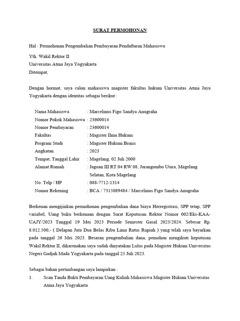 Surat Permohonan Marcelinus Figo | PDF