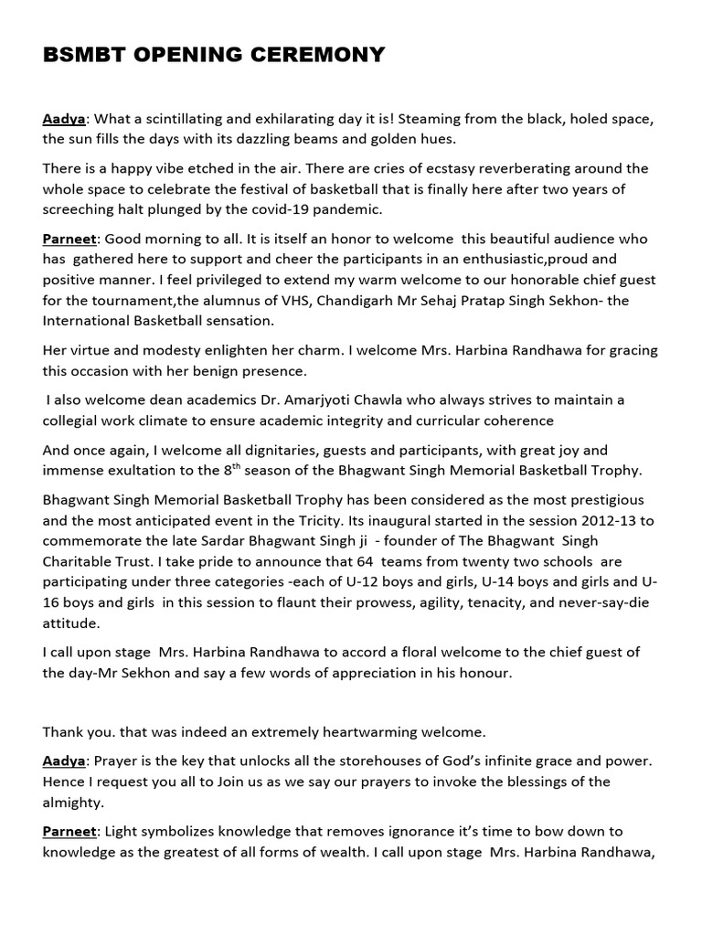 BSMBT Opening Ceremony Compering Speech Original | PDF