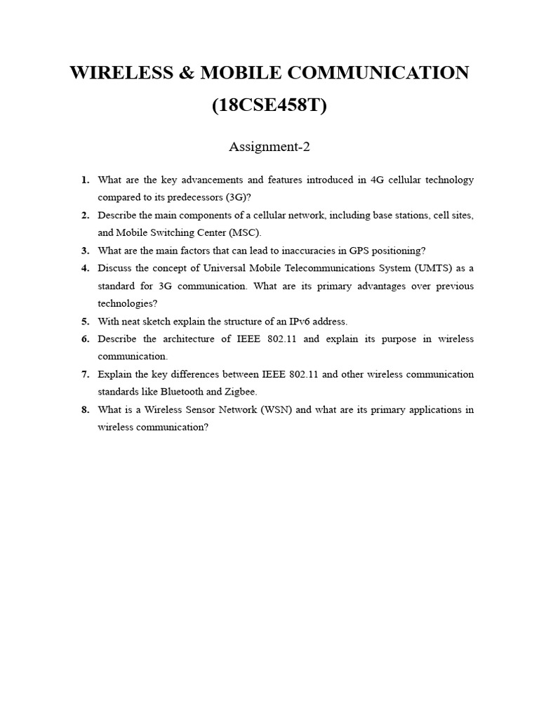 Wireless & Mobile Communication (18CSE458T) : Assignment-2 | PDF | Technology & Engineering