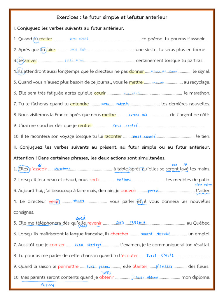Exercices - Futursimple Et Futur Anterieur | PDF