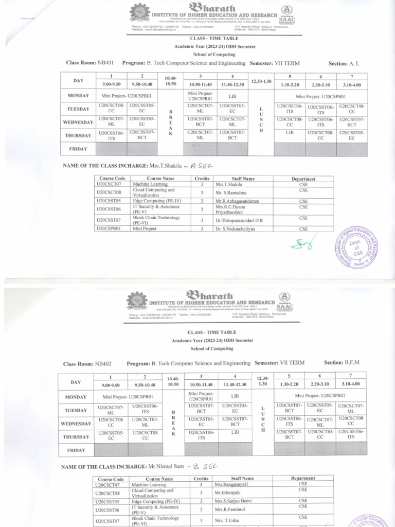 Final Year - Time Table | PDF