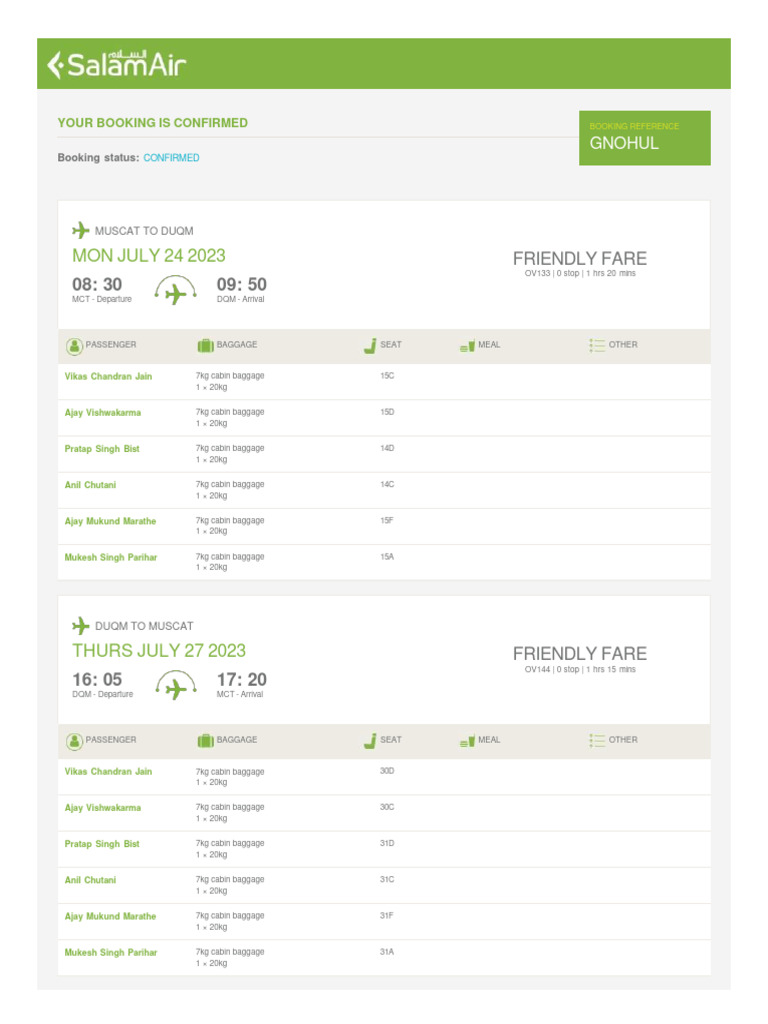 Salam Air Ticket Gnohul (MCT-DQM-MCT) - 24 & 26 July-2023 | PDF | Baggage | Airlines